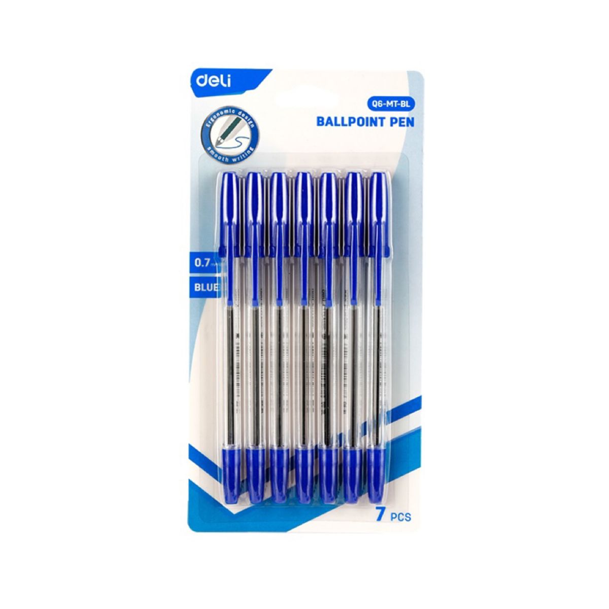 Deli Ballpoint Pen 0.7mm Blue Ink Transparent Barrel Blister Card 7's ...