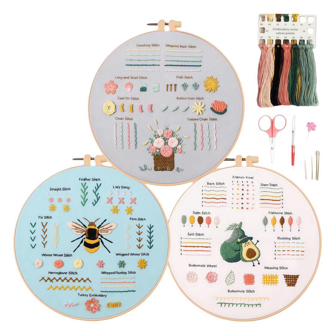 3 Pack Embroidery Kit For Beginners, 28 Stitch Types, 3 Patterns | Shop ...
