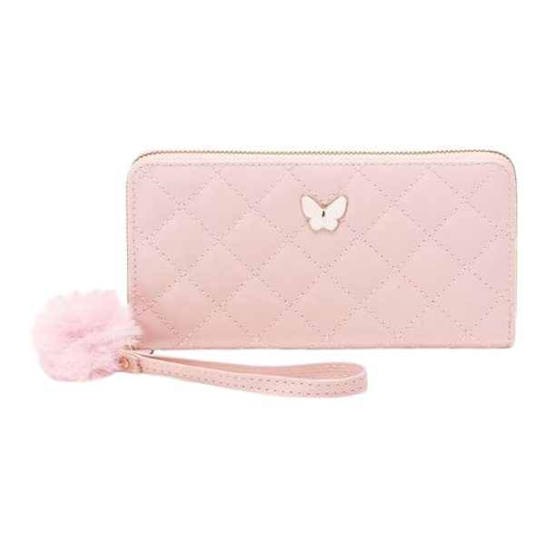 Quilted Wallet With Butterfly Accent & Fluffy Pom-Pom Strap - Pink ...