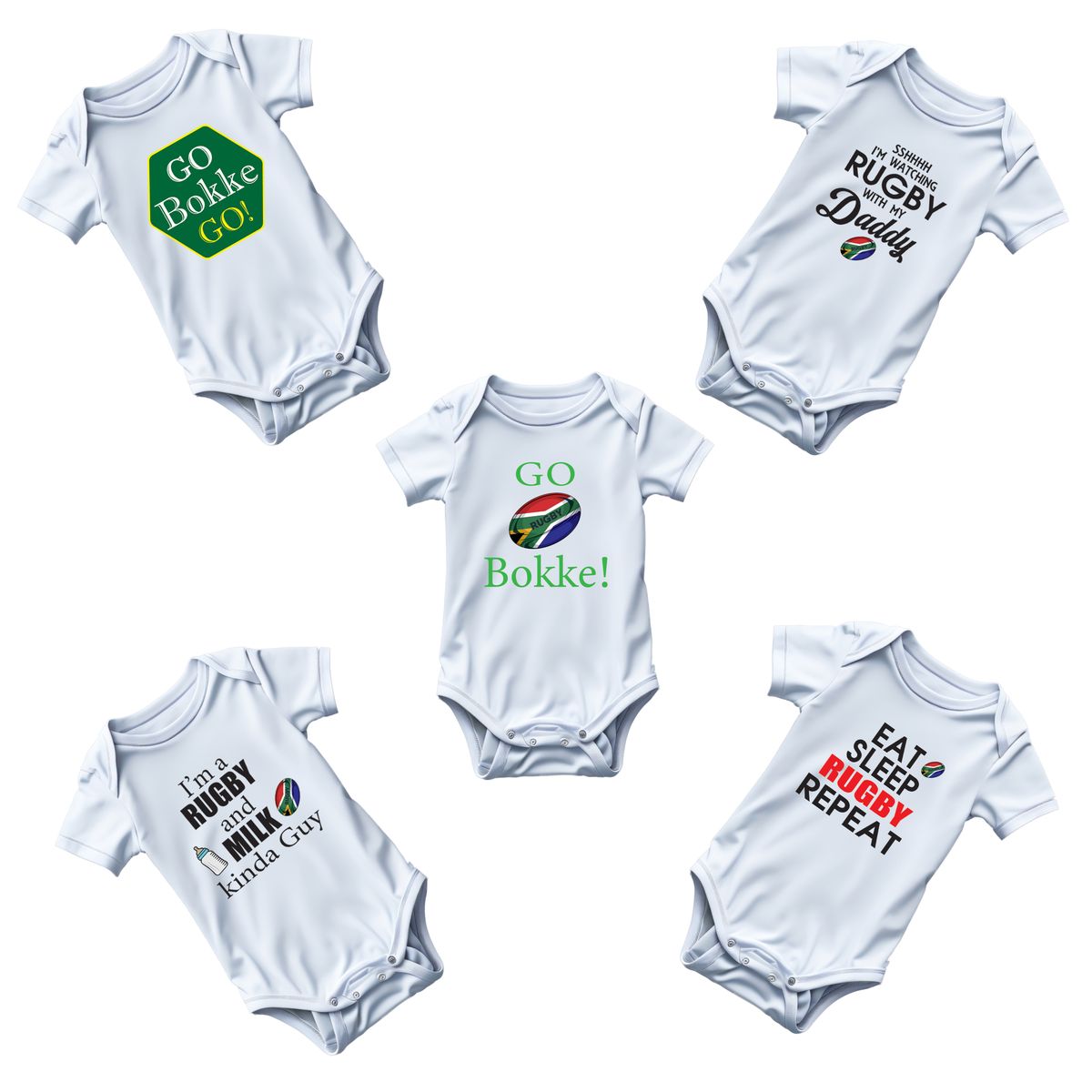 5Pack White ShortSleeve Babygrow-RugbyPack-SouthAfrican/Go Bokke ...