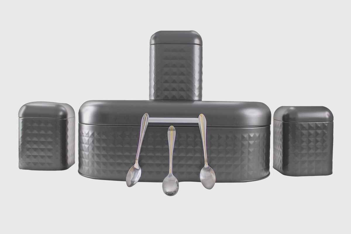 Embossed 2-Loaf Bread Bin & 3 Piece Canister Set with 3 Golden Strip ...