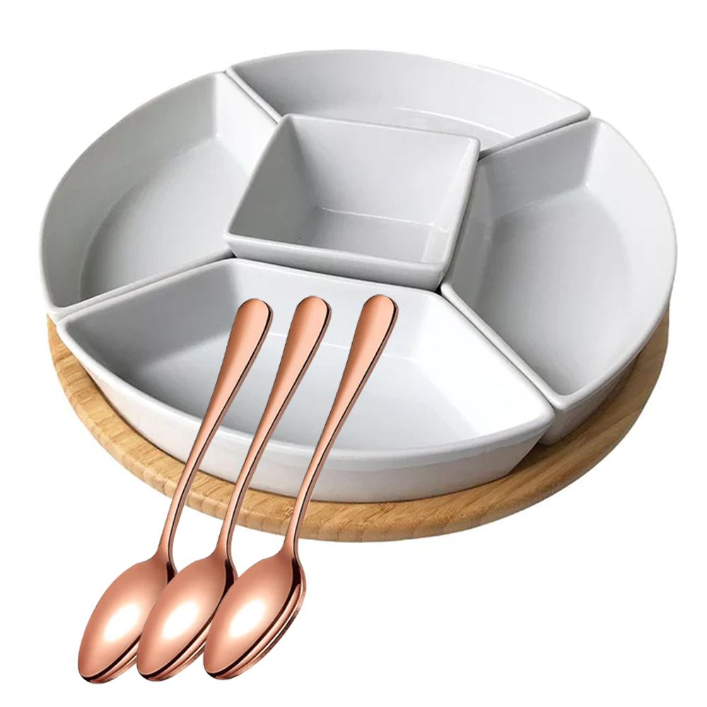 9 Piece - Bamboo Ceramic Serving Dishes Dip Set Platter with Rose Gold ...