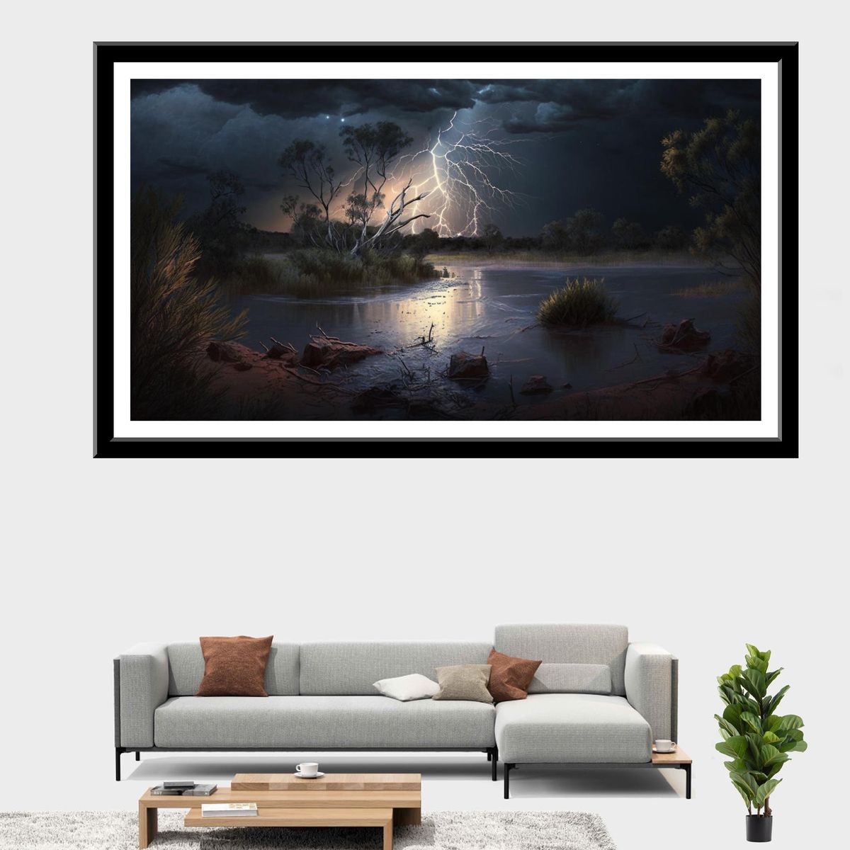 Wall Art Unframed - Lightning In The Bush Lighting Up A Meandering Ri ...