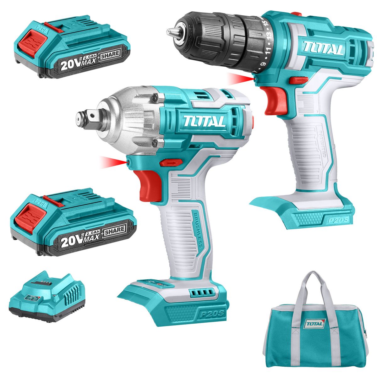 Total Tools 20V Drill and Impact Wrench with 2 x Batteries & Charger ...