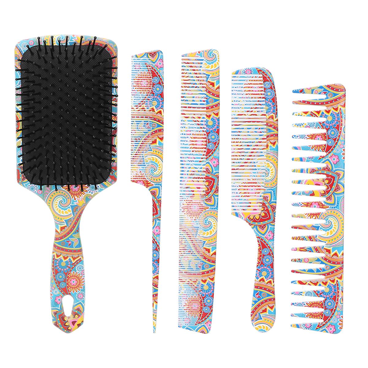 5 piece Paddle Hair Brush Set Easy Detangling Tail Comb Wide Fine Teeth ...