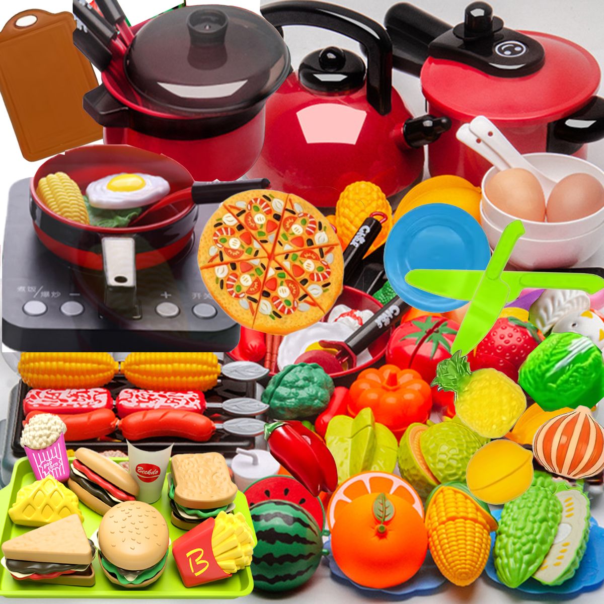 73 Pcs Pretend Play Kitchen Velcro Fruit Food Cutting Set Toys Pots ...