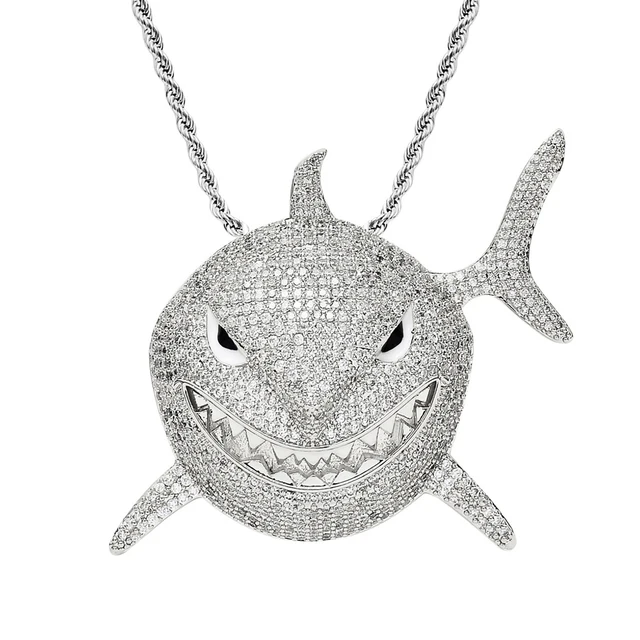 Iced Out Shark Pendant Neckchain With Rope Chain Necklace For Men ...