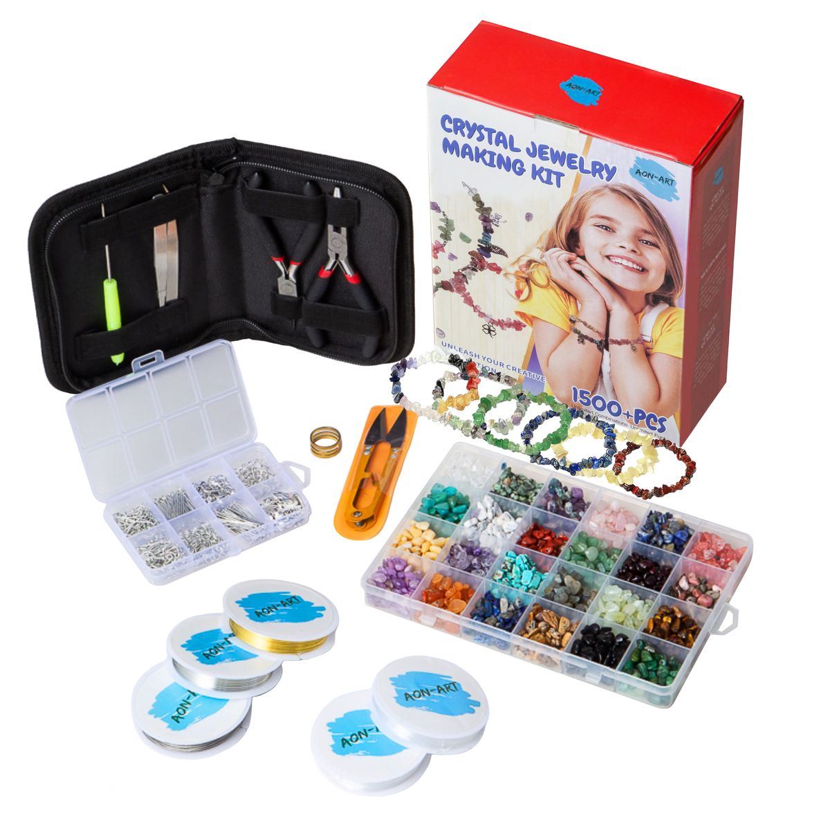 Aon-Art 1500+PC Crystal Jewelry Making Kit - Gemstone & Crystal Beads ...
