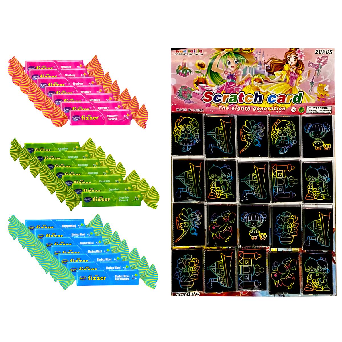 Kids Party Snacks/Prizes - 20 Scratch Cards + 21 Mini Fizzer Sweets 3 ...