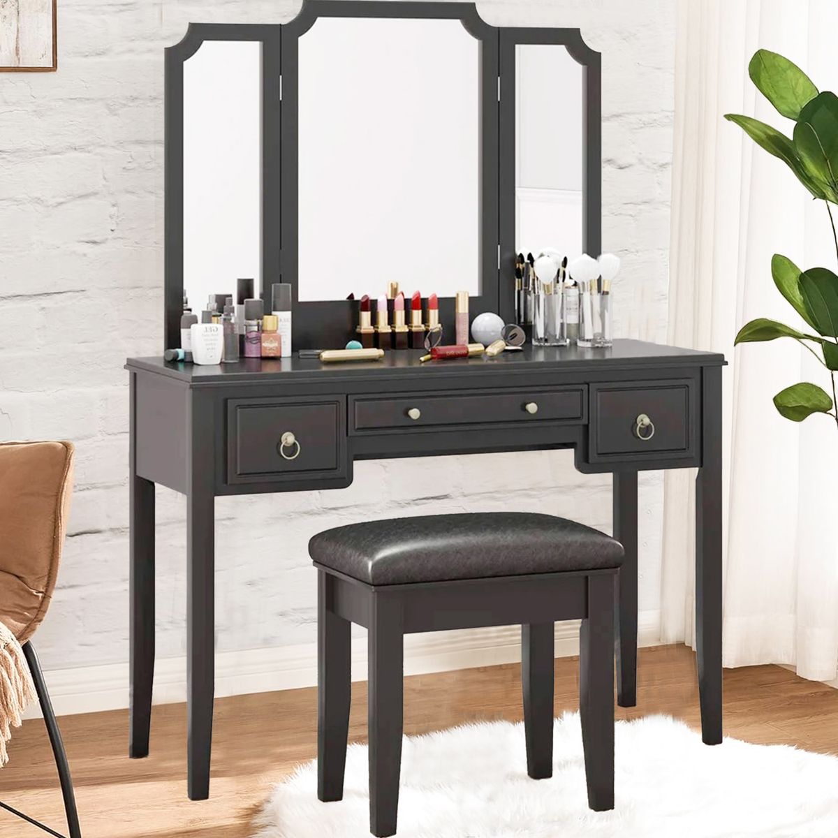 Dressing Table Stool Set Foldable Swivel Mirror Makeup Vanity Desk ...