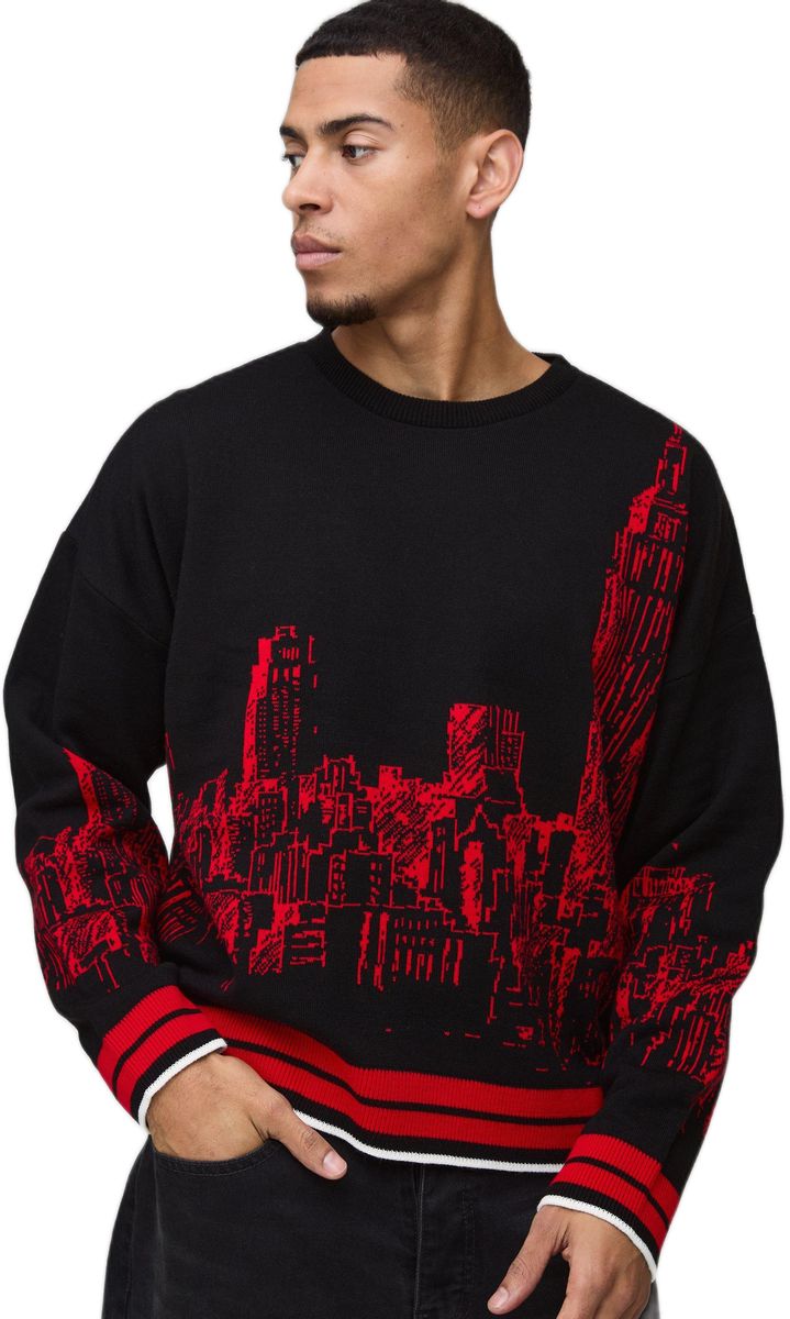 boohooMAN - Men's Boxy City Jacquard Graphic Brushed Knitted Jumper ...