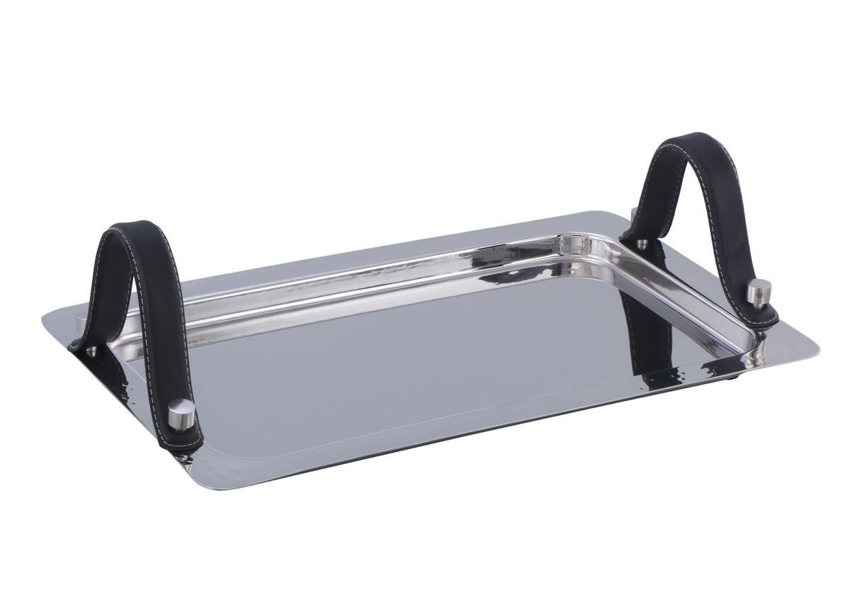 Rectangular Stainless Steel Serving Tray with Leather Handle | Shop ...