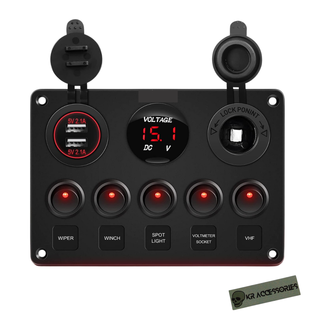 KR 5 Gang Rocker Switch, Dual USB, Volt Meter & Cig Socket Fuse Panel ...