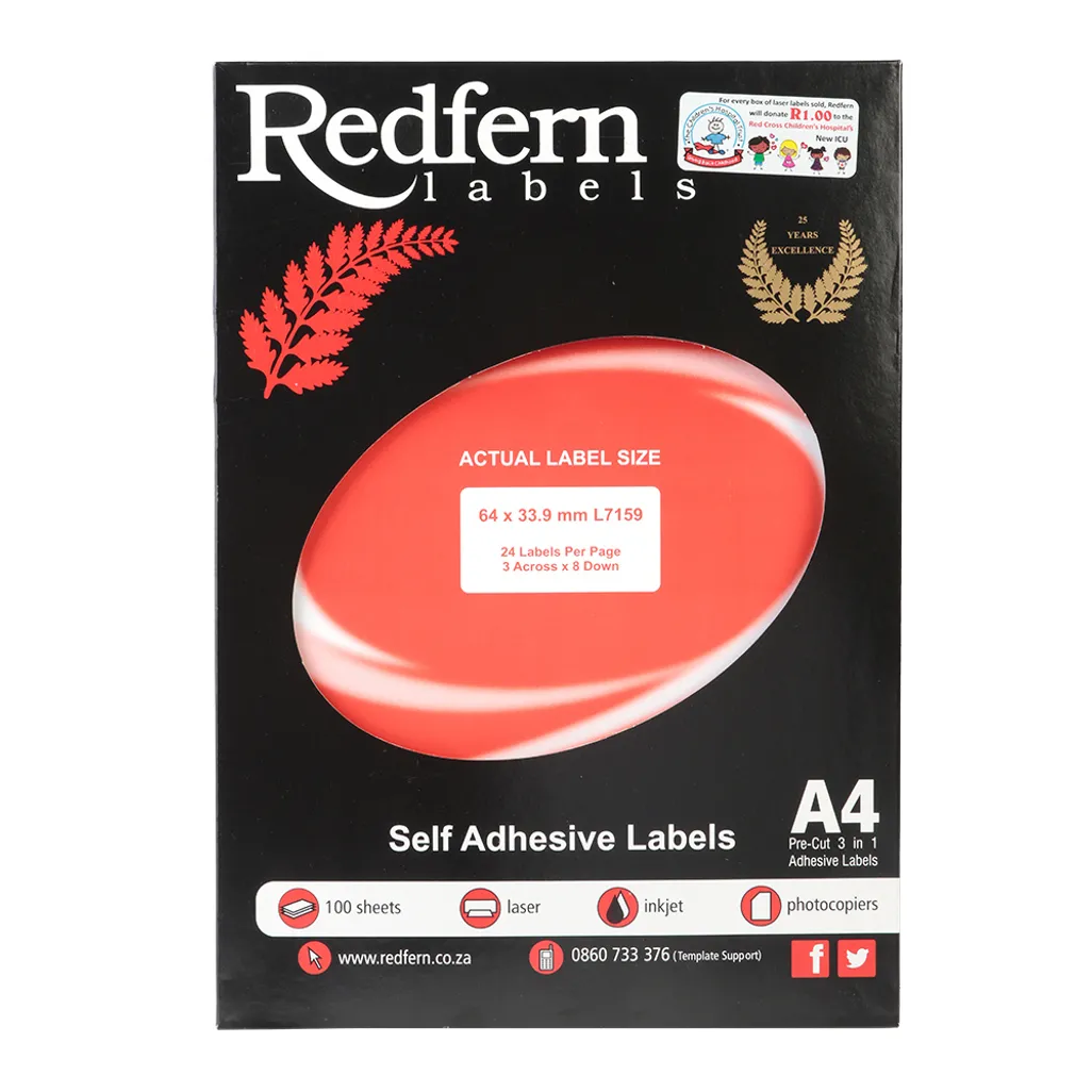 Redfern- Self Adhesive Labels- Laser Jet A4 Flat Sheets- 64mm x 33.9mm ...
