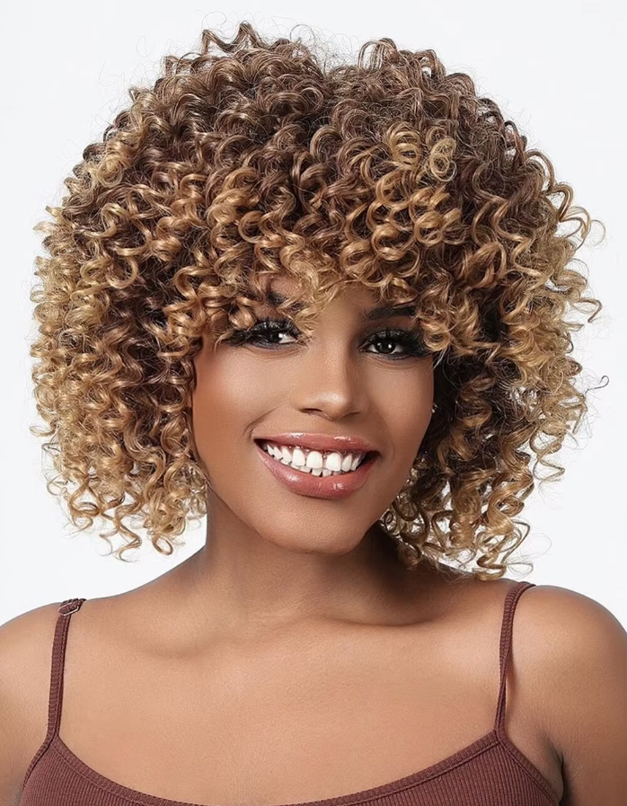 Synthetic Short Brown Bounce Curly Wigs for Black Women Afro Fluffy ...