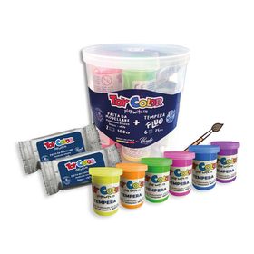 Toy Color - 100g White Modeling Clay & 6 x 25ml Fluorescent Tempera ...