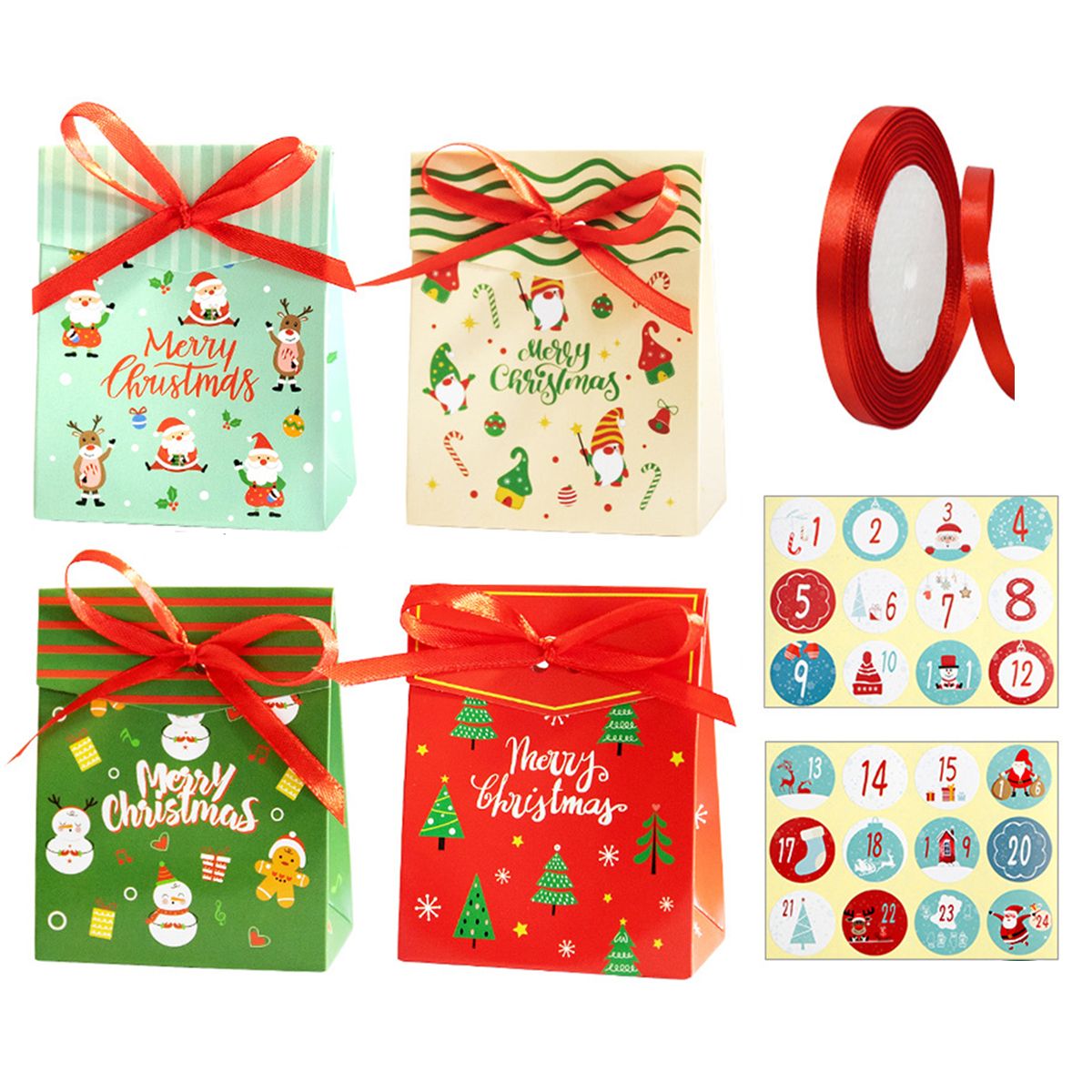 24PCS Christmas Gift Bag Bulk Set with Sticker&Ribbon Wrapping Holiday ...