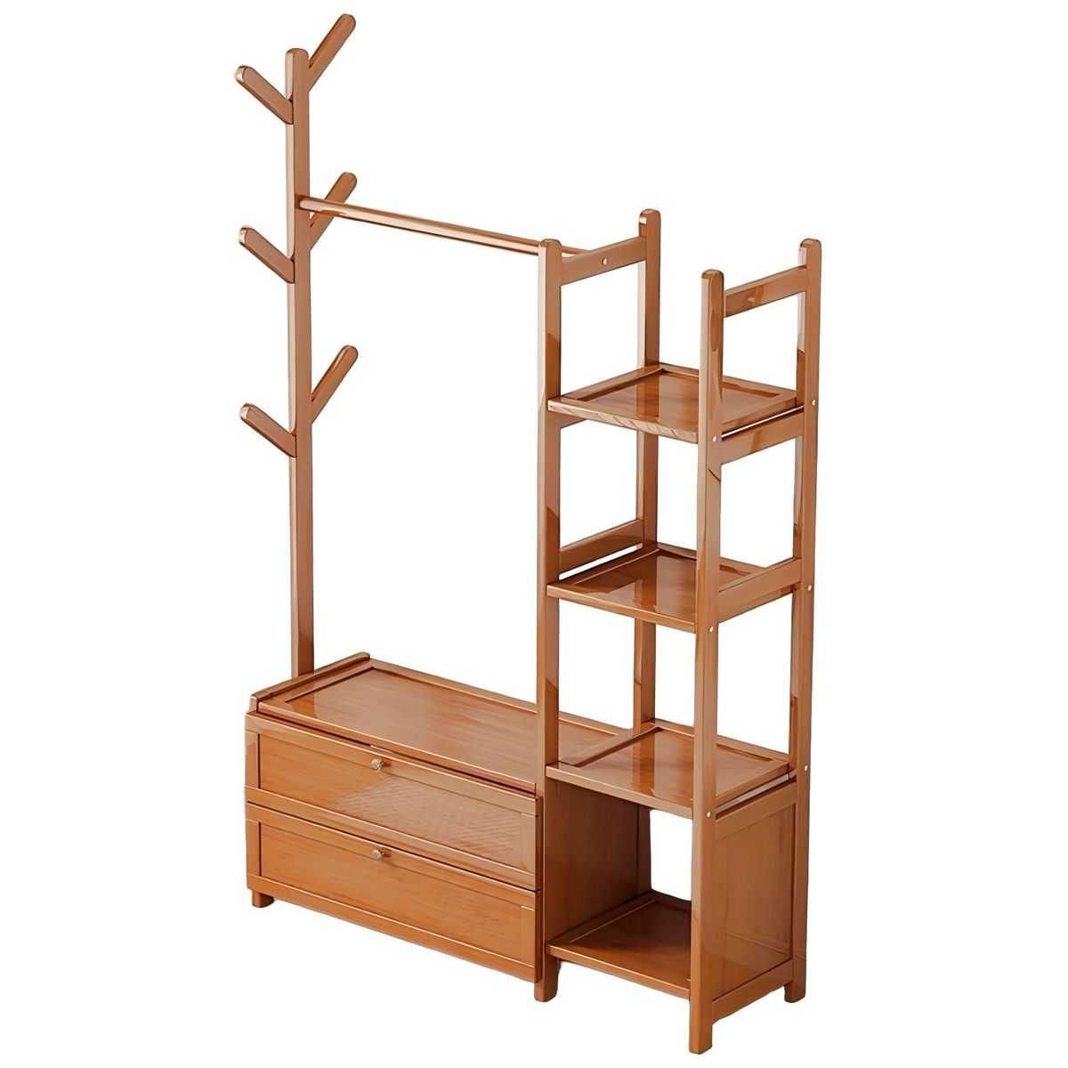 Bamboo Coat Rack with Shelves and Garment Rail Standing Clothing Hanger ...
