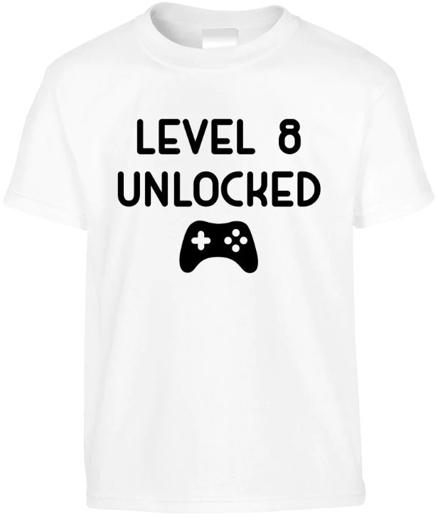 8th Birthday Level 8 Unlocked Gamer Gift T-Shirt-Kids - White | Shop ...