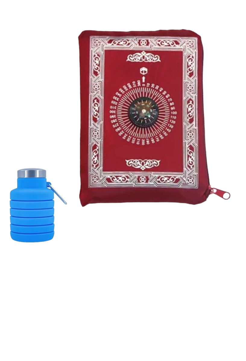 Muslim Travel Prayer Mat with Compass Qibla Finder and Ablution Bottle ...