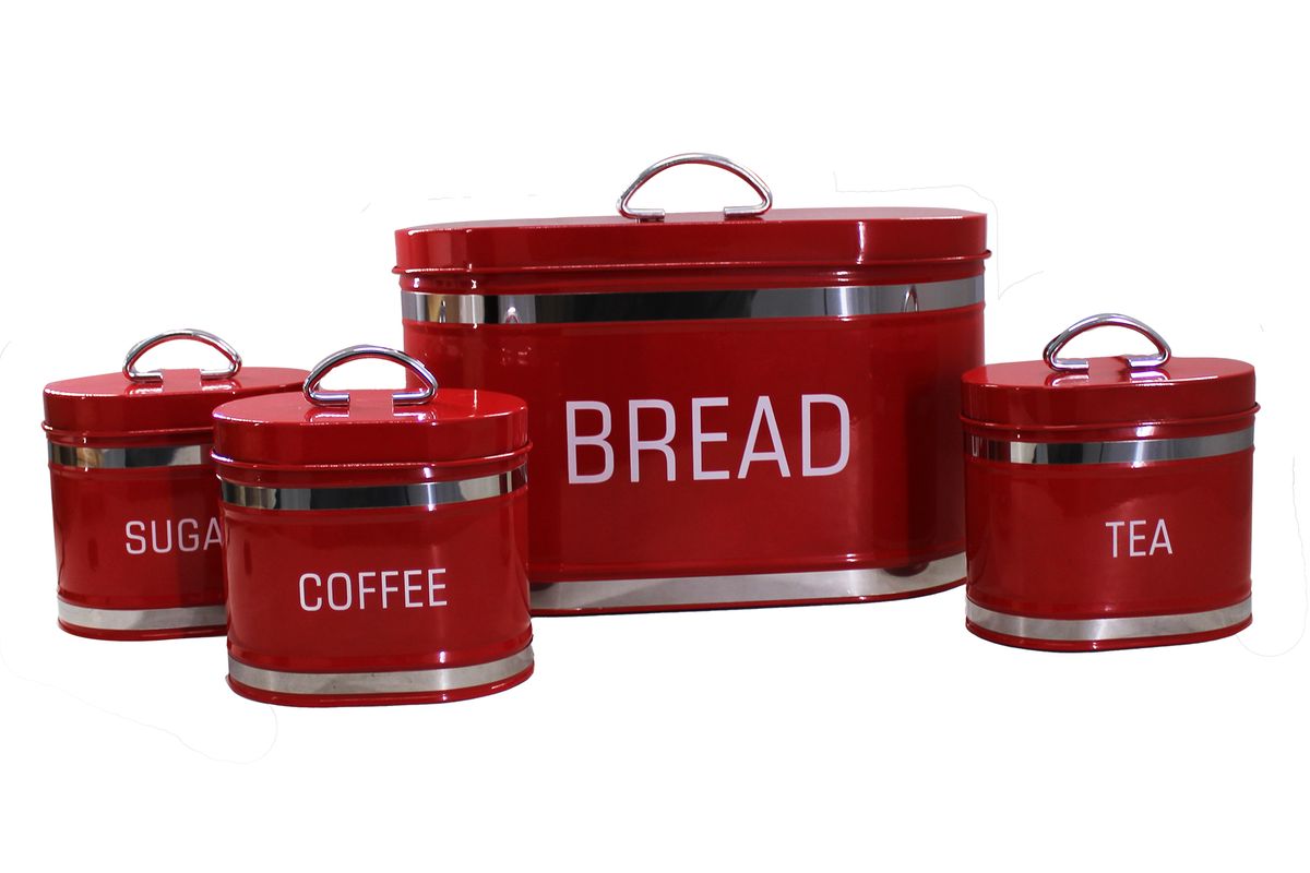 Oval 4 Piece Stainless Steel Bread Bin Tea Coffee Sugar Canister