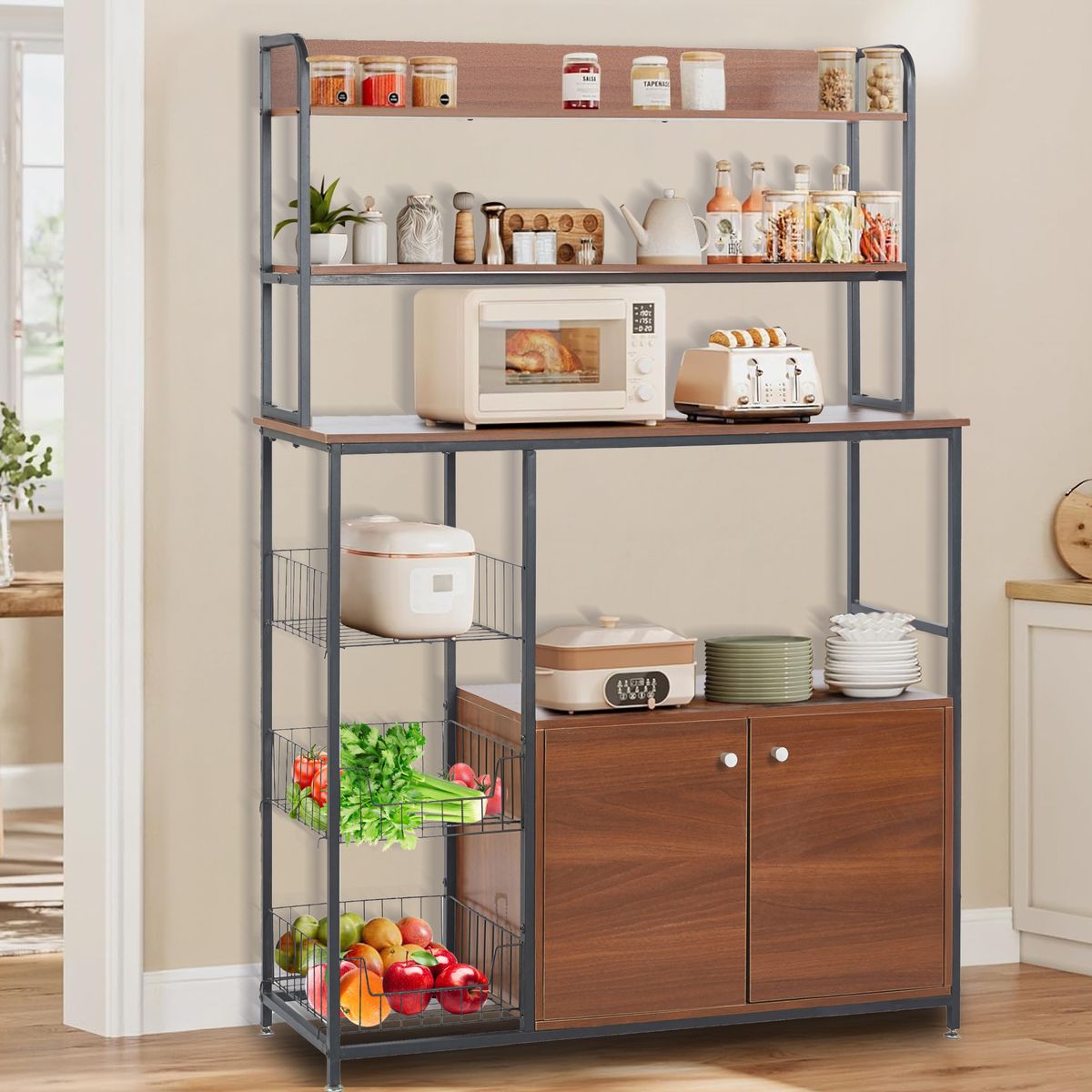 Storage Shelf Bookcase Wooden Kitchen Rack Display Stand with Cabinets ...