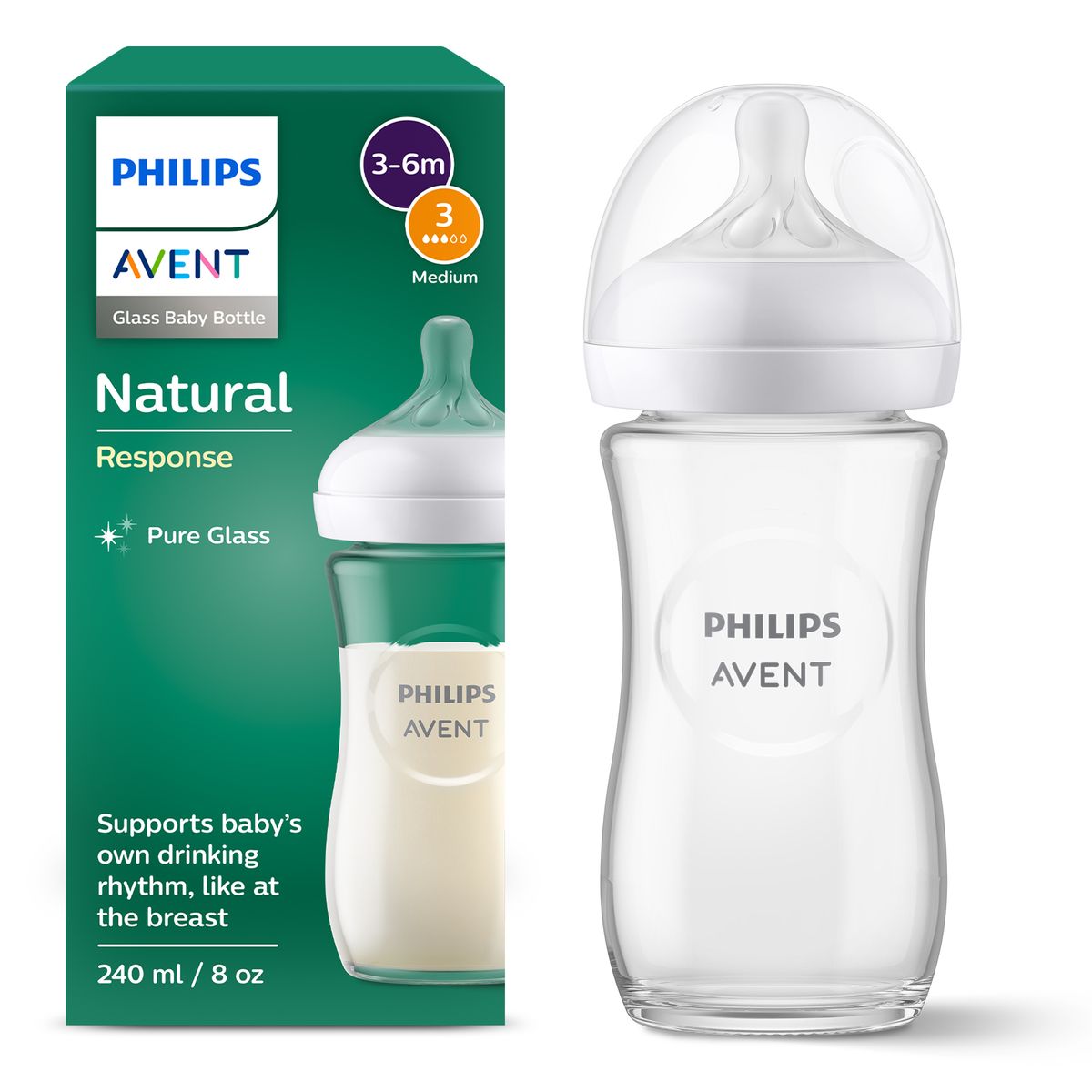 Philips Avent Natural Response Glass Bottle 8oz/240ml with Medium Flow ...