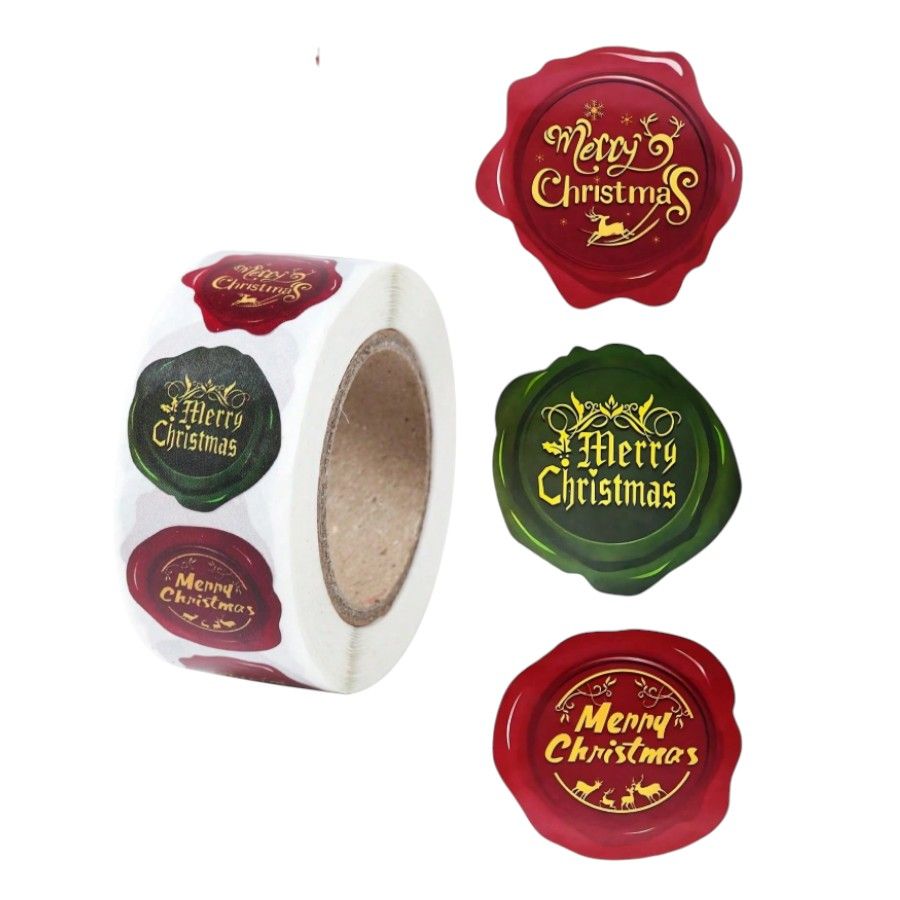500 Piece "Merry Christmas" Wax-Seal Style Sticker Roll- Red & Green ...