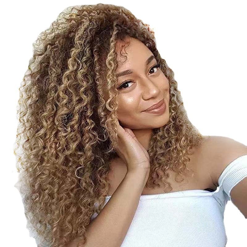 Brown ombre long curly synthetic wigs with fluffy small curly bangs ...