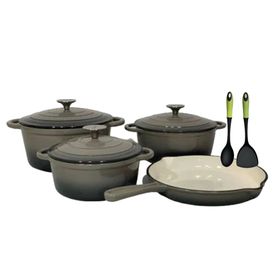 7 Piece Cast Iron Cookware Set + Two Minhaj Serving Spoons - Grey ...