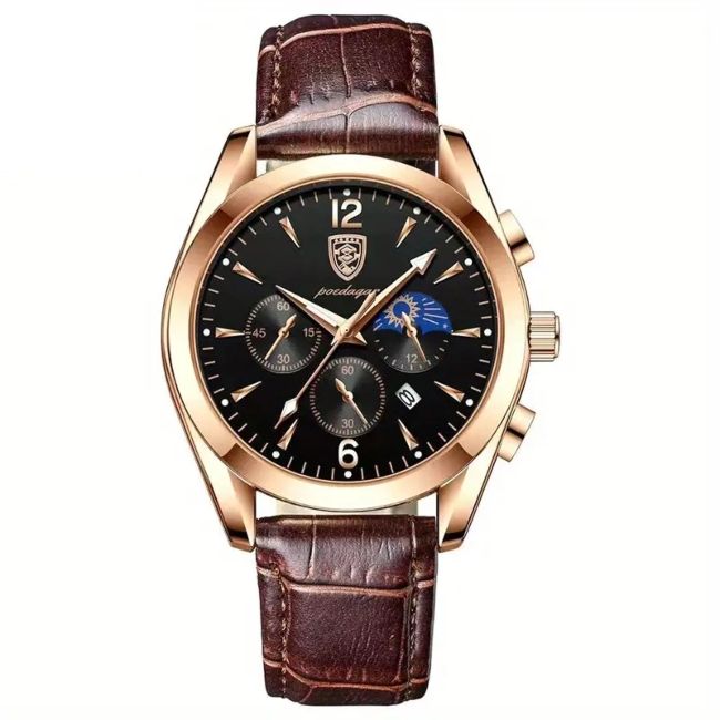 Poedagar - Men Black & Gold Luxury Leather Analogue Watch | Shop Today ...