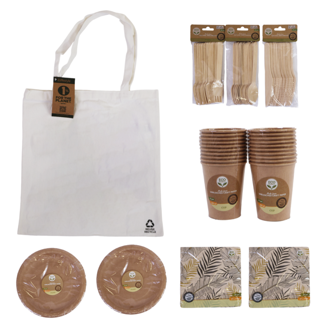 Biodegradable Outdoor Picnic Set 32pc w/ Birchwood Cutlery & Cotton ...