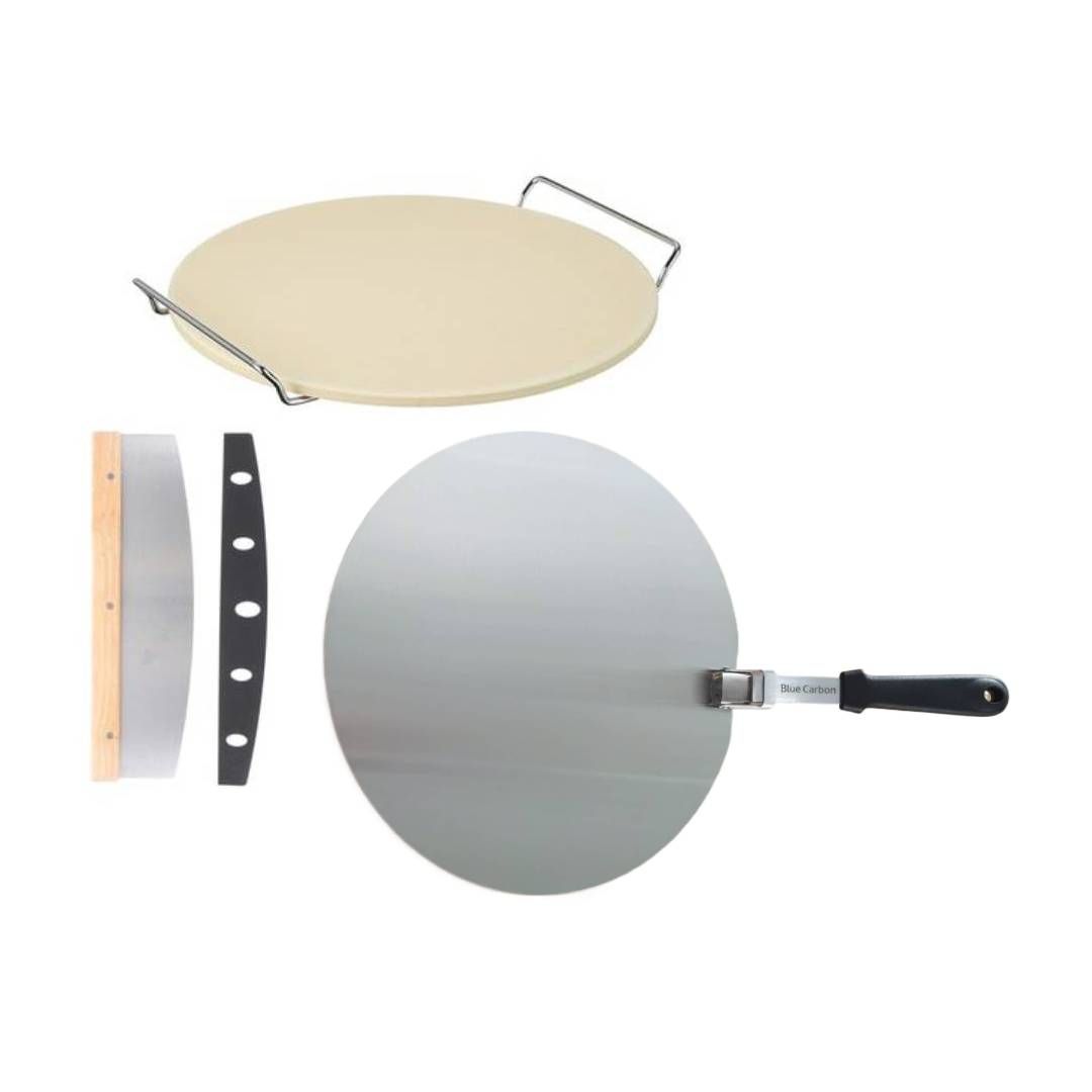 Blue Carbon 13 Inch Pizza Stone Set With Foldable Steel Pizza Peel ...