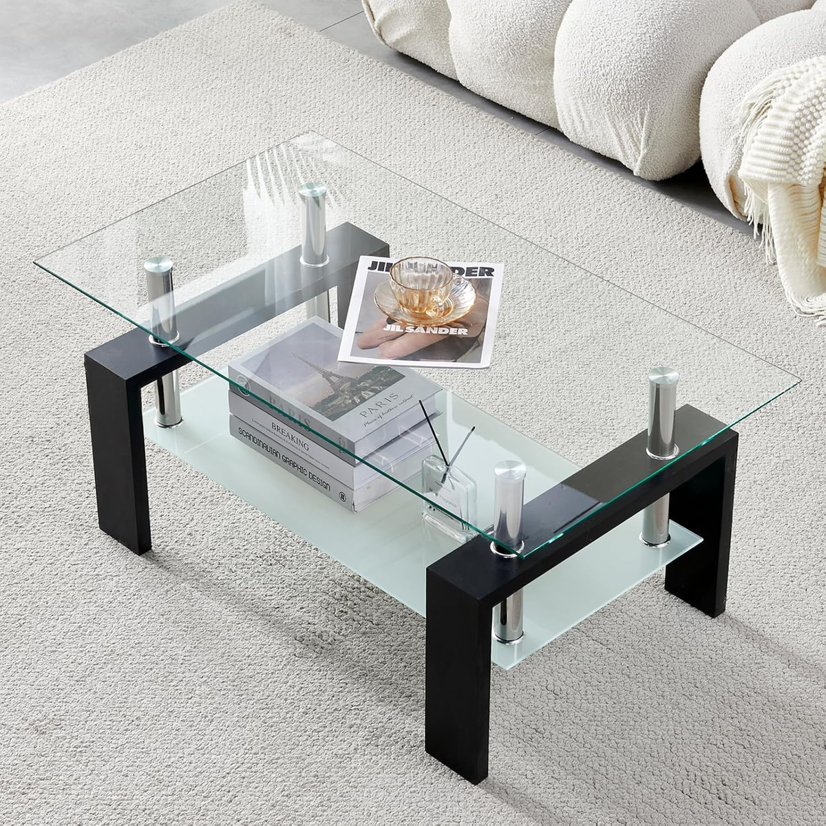 Coffee Table Tea Table Center Side Table Glass Tabletop with Shelf ...