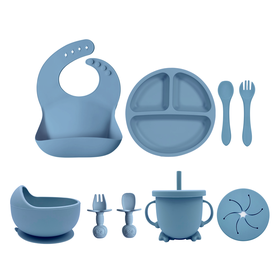 Baby Silicone Suction Plate & Bowl, Sippy Cup, Bib, Spoon & Fork - Blue ...