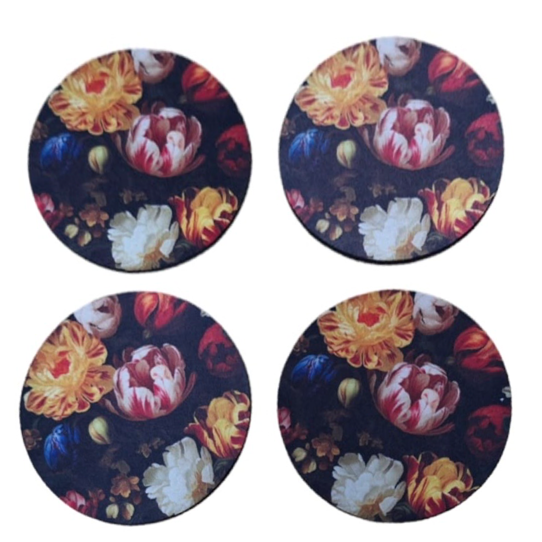 4 Piece Coaster Set with Rubber Backing - Flowers with Stripy Petals ...