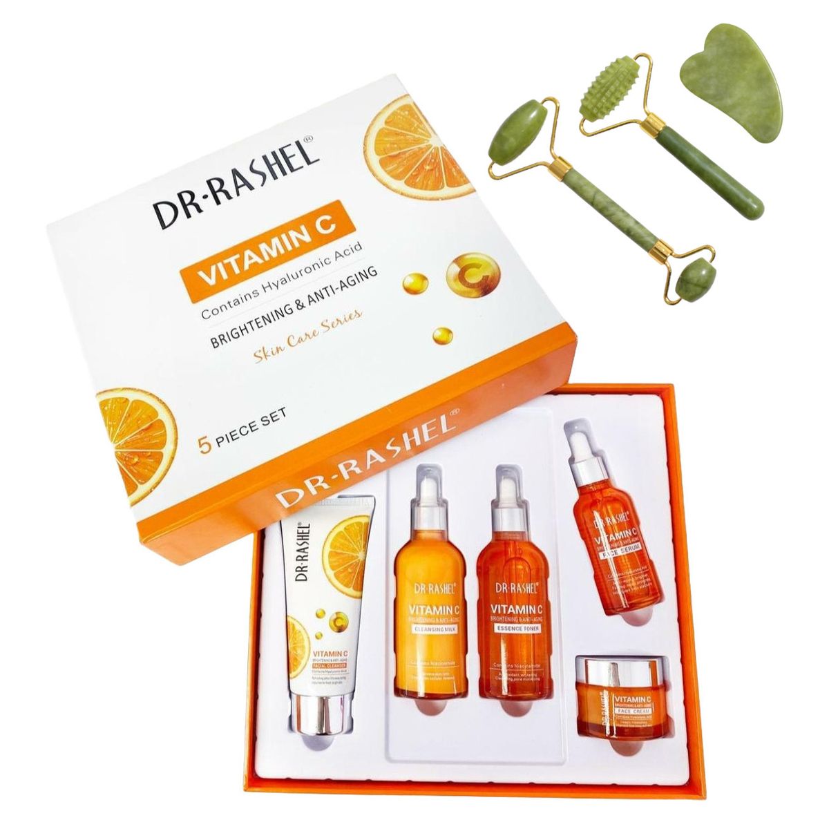 5 Piece Vitamin C Facial Set with Jade Face Roller and Gua Sha Massage ...