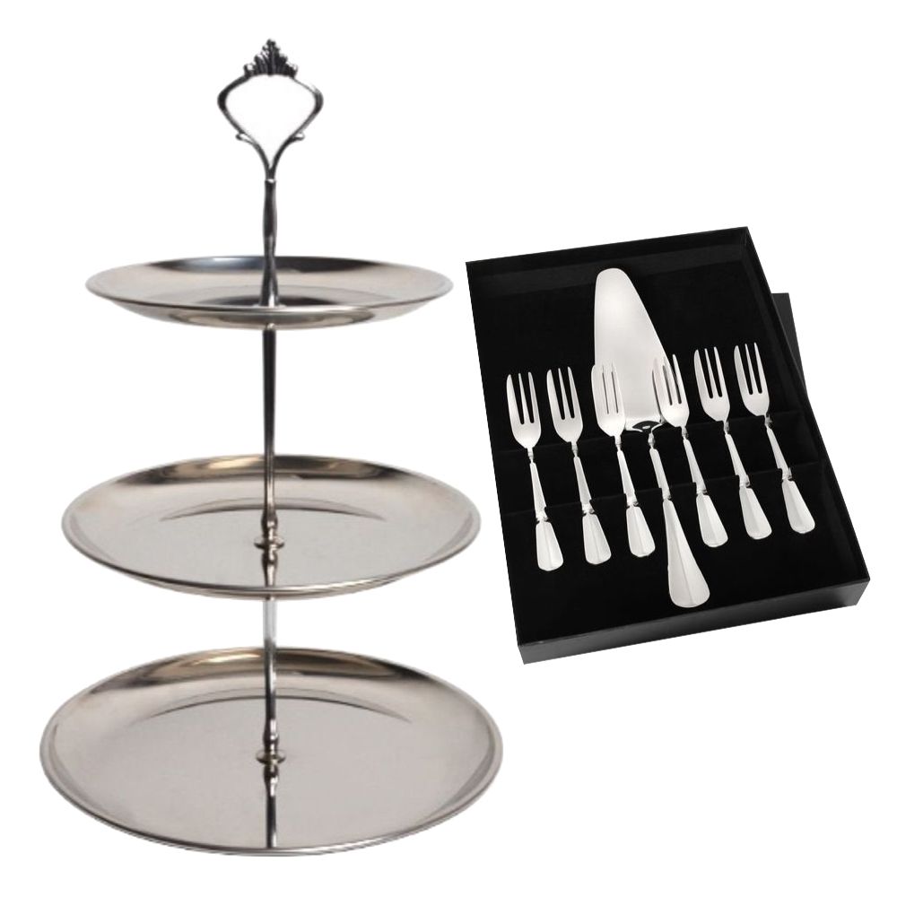 Kitchen 3 Tier Metal Dessert Cake Stand & Serving Utensils - Set of 8 ...