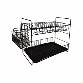 Regent - Kitchen 2-Tier Black Dish Rack with Tray and Basket - 39.5 x ...