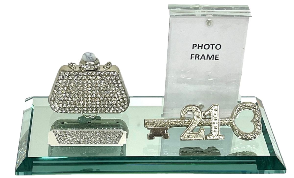 21st Key on Mirror Base with Silver Diamante Handbag and Photo Frame ...