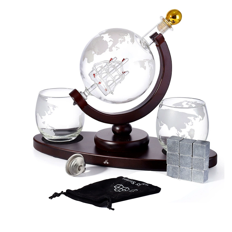 ALANES Wooden Base Whiskey Globe Decanter with 2 World Map Glasses Sets ...