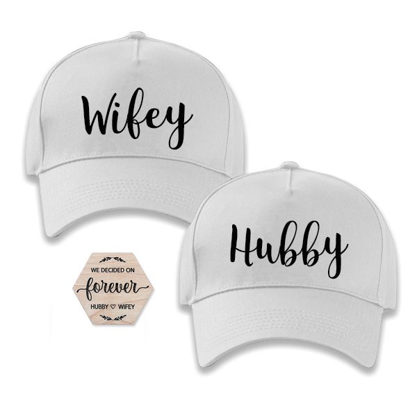 Matching Hubby and Wifey White Wedding Caps and Magnet Gift Set - Set ...