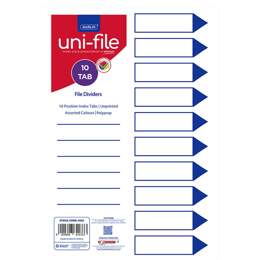 Uni-file File Divider, 10 Tab polypropylene board, unprinted (Pack of 5 ...