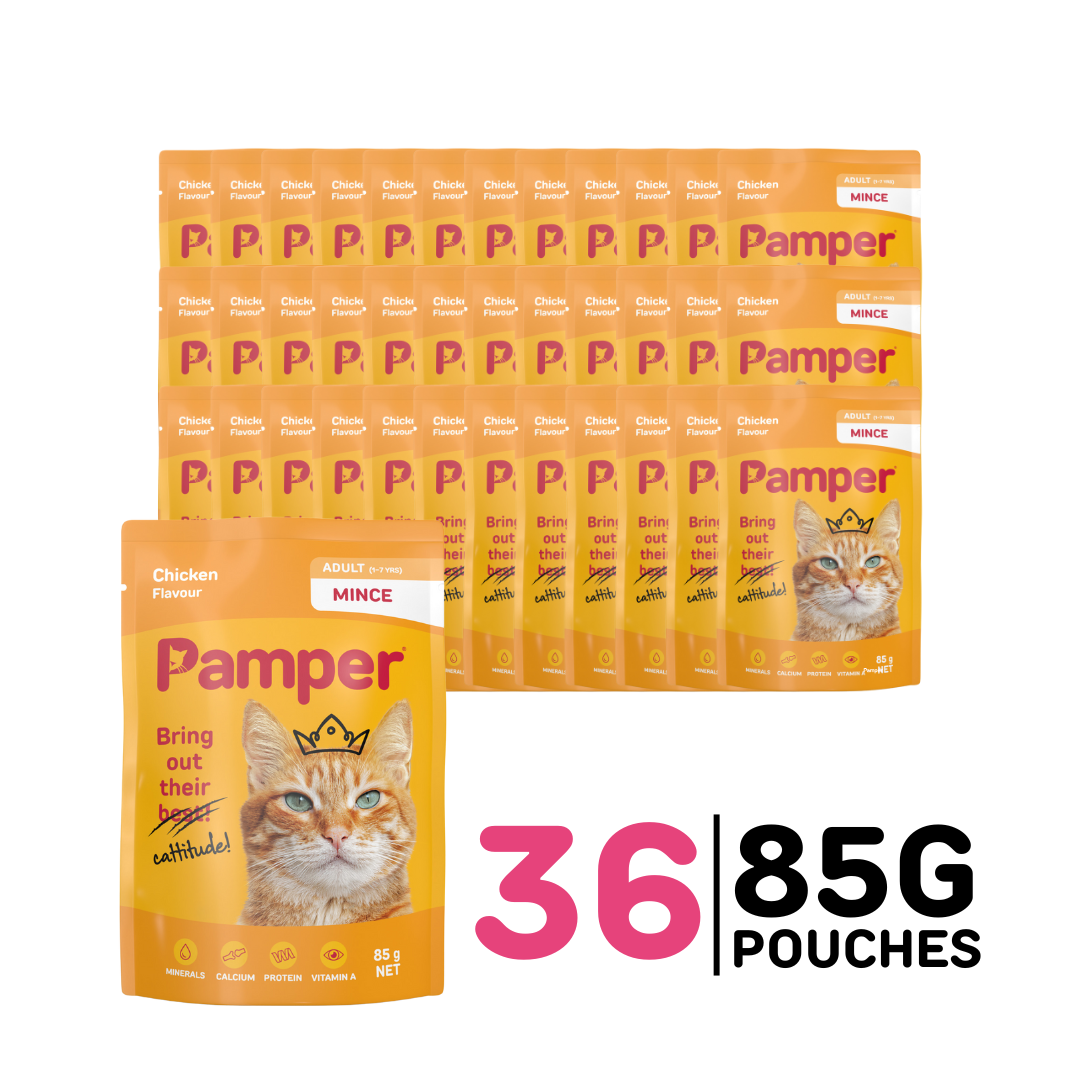 Pamper Wet Cat Food Minced Chicken Flavour (36 x 85g) Pouches | Shop ...