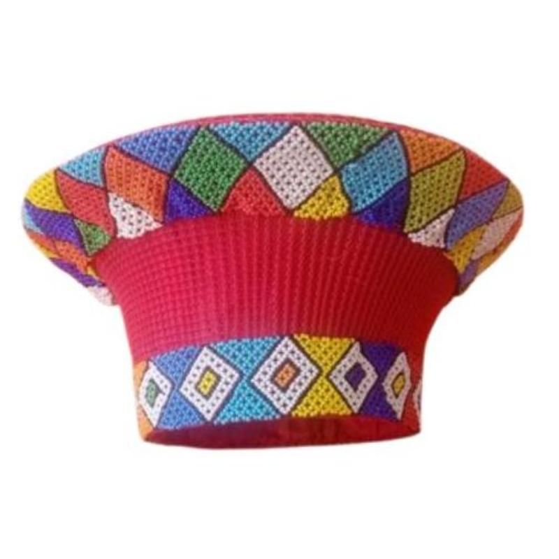 Double Framed Red Zulu Isicholo Hat Embellished with Colourful Beads ...