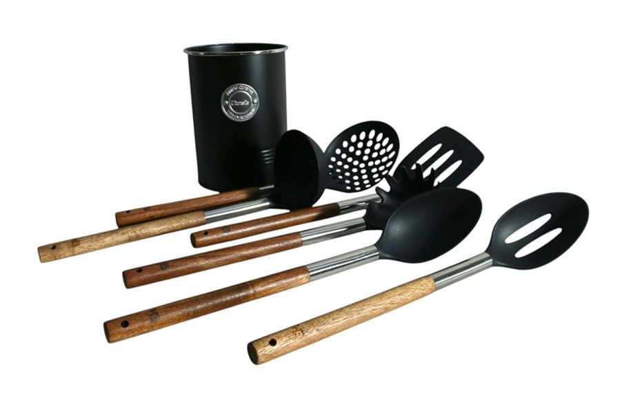 7-piece Black Kitchen Utensil Set with Wooden Handles and a Matching ...