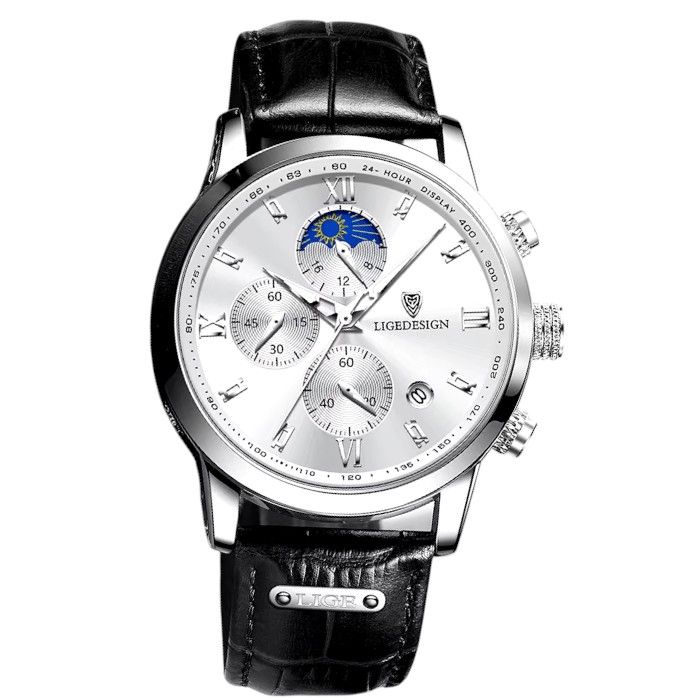 LIGE - Water Resistant Mens Watch With PU Leather Strap - Silver ...