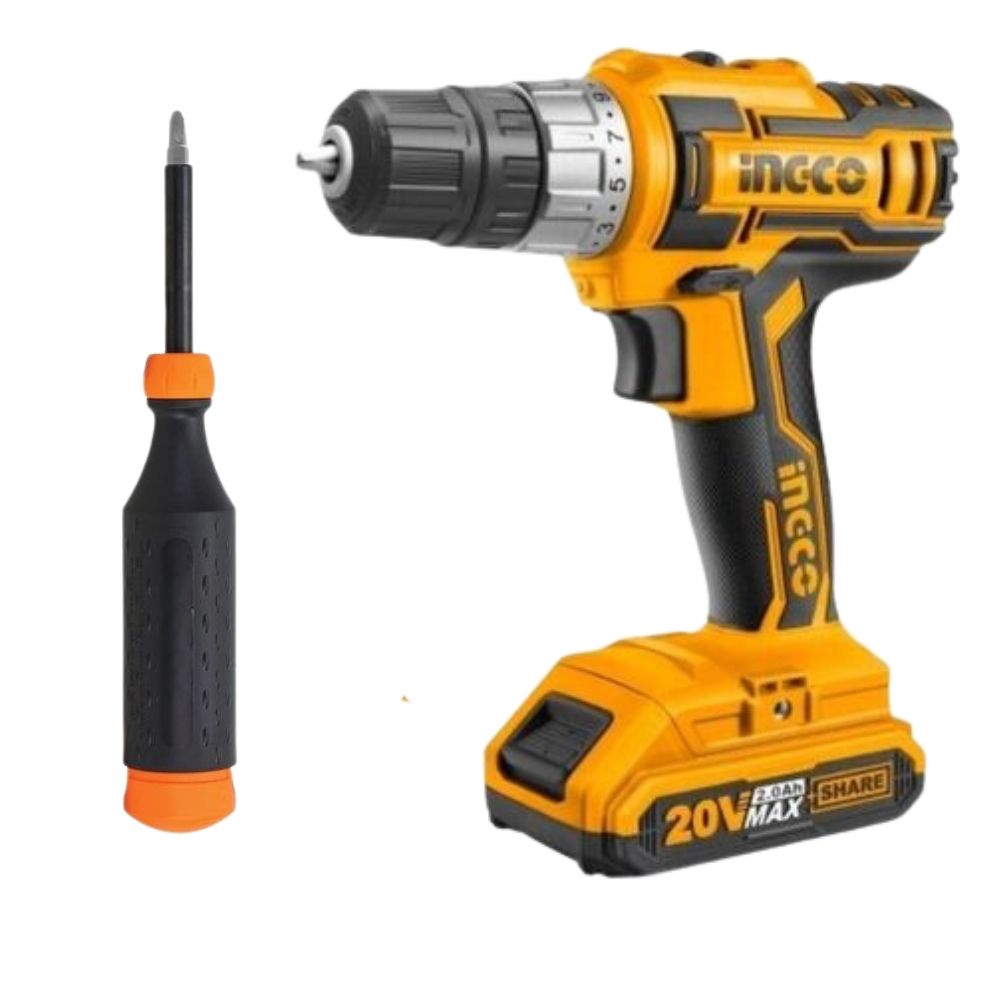 Ingco - Cordless Drill (20V) with 14 Piece Retractable Screwdriver ...