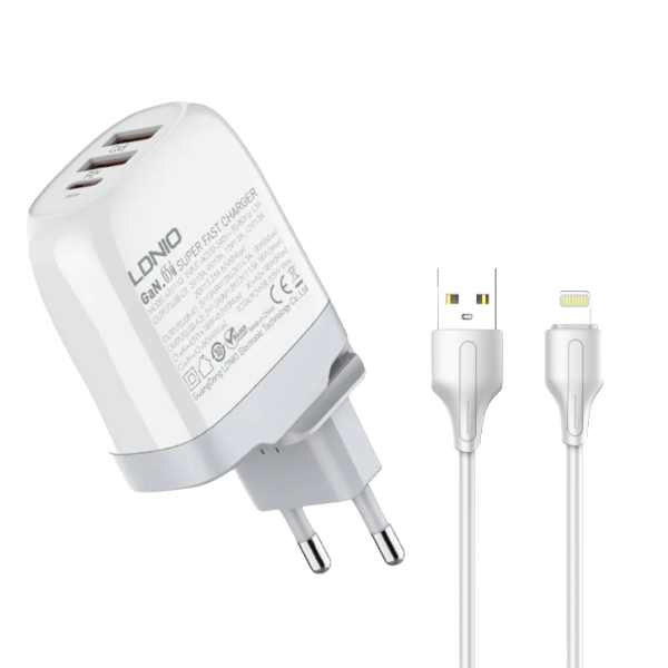LDNIO - A3511Q - 3 Port Wall Charger With iPhone Cable 65W - White ...