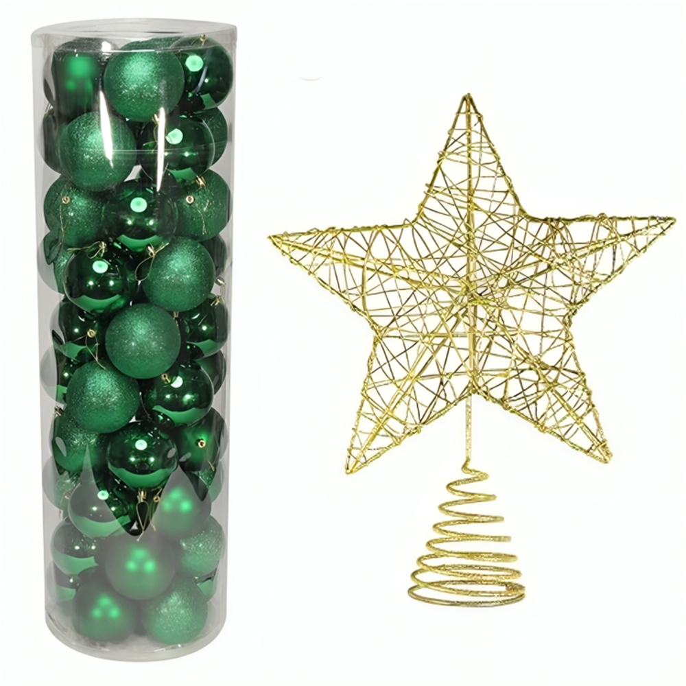 50pcs Christmas Decoration Ball Tree Ball & Christmas Star Topper Gold ...